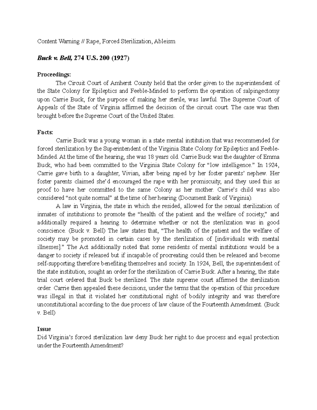 Buck v. Bell Case Brief - Content Warning // Rape, Forced Sterilization ...