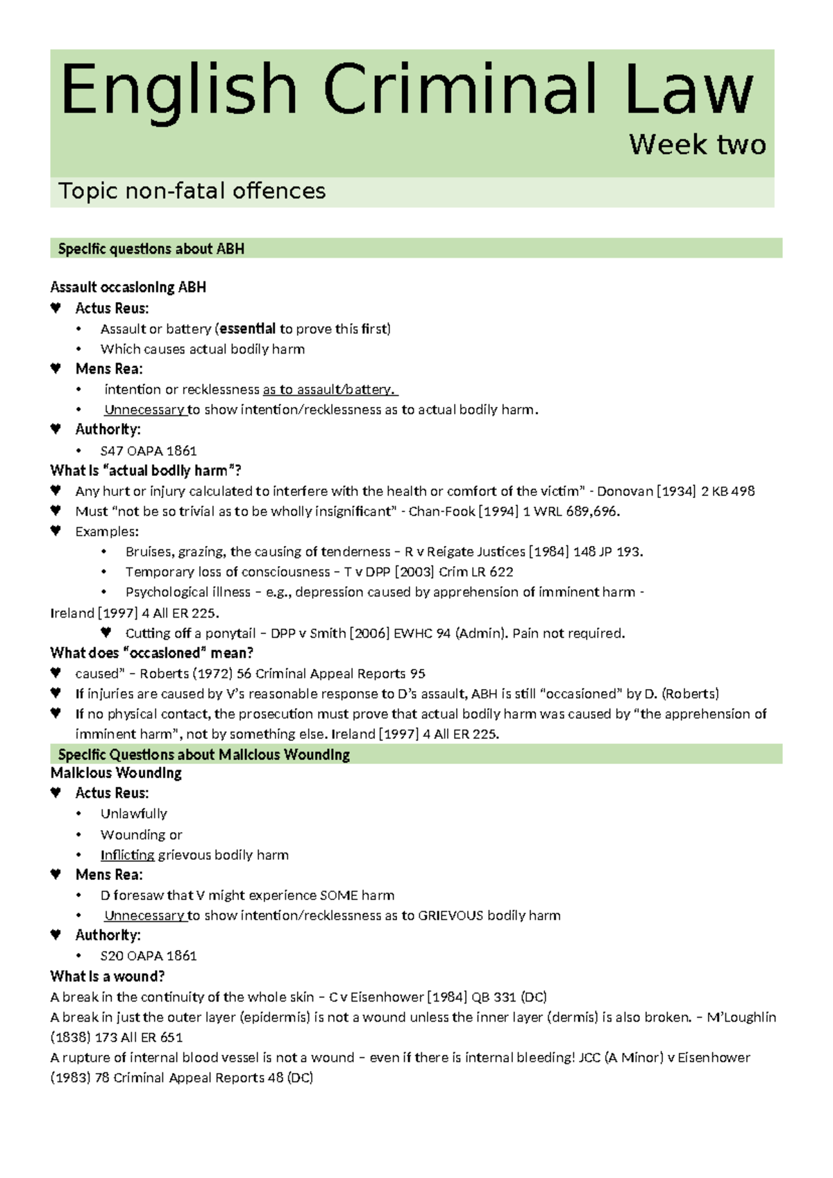 English Criminal Law week 2 lecture 2 - English Criminal Law Week two ...