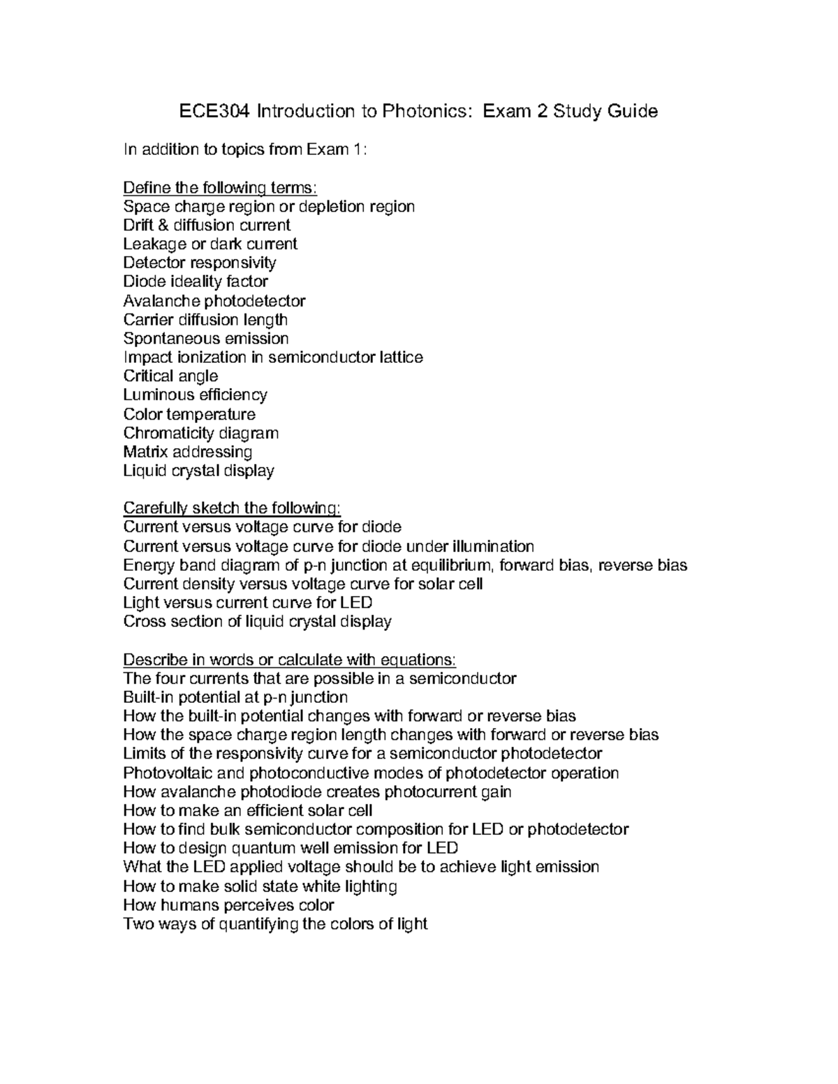 ECE304 Exam2 Study Guide - ECE304 Introduction to Photonics: Exam 2 Study Guide In addition to ...