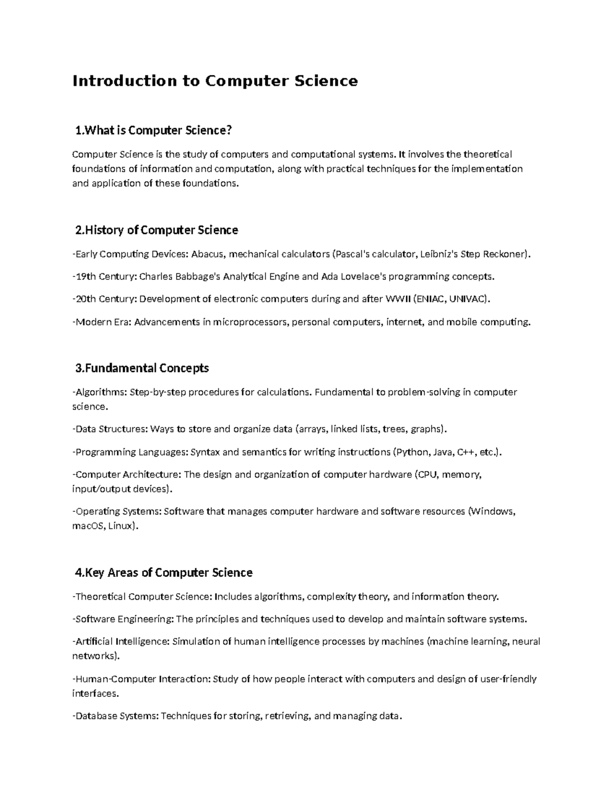 Introductory Lecture Summary Introduction To Computer Science Introduction To Computer