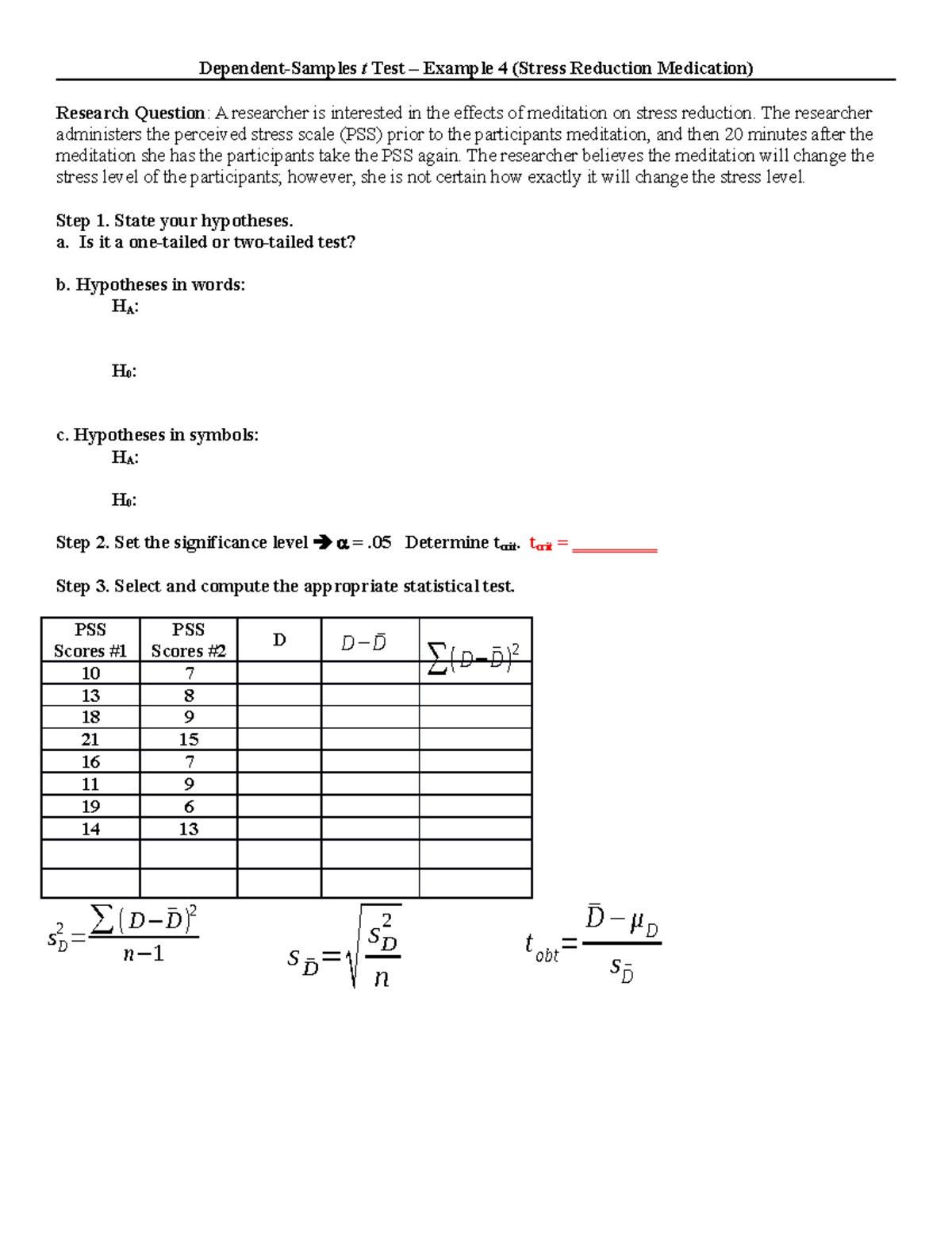 Experimental Worksheets - t Test Example 4 (Stress Reduction Medication ...