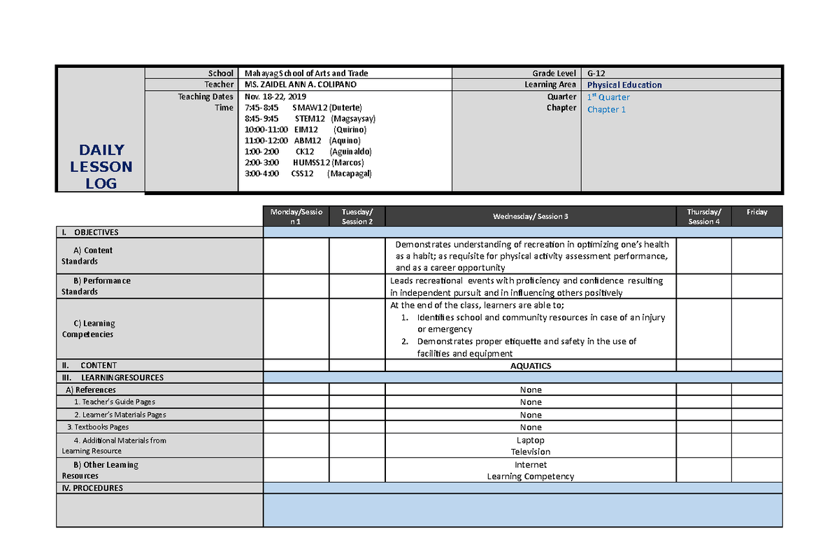 November 18-22, 2019 - Physical education - DAILY LESSON LOG School ...