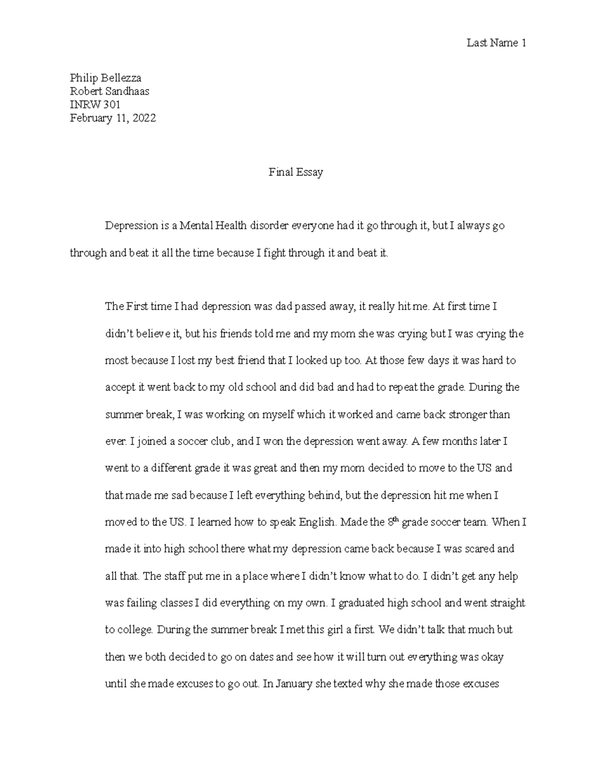 Final essay - fianl - Last Name 1 Philip Bellezza Robert Sandhaas INRW ...