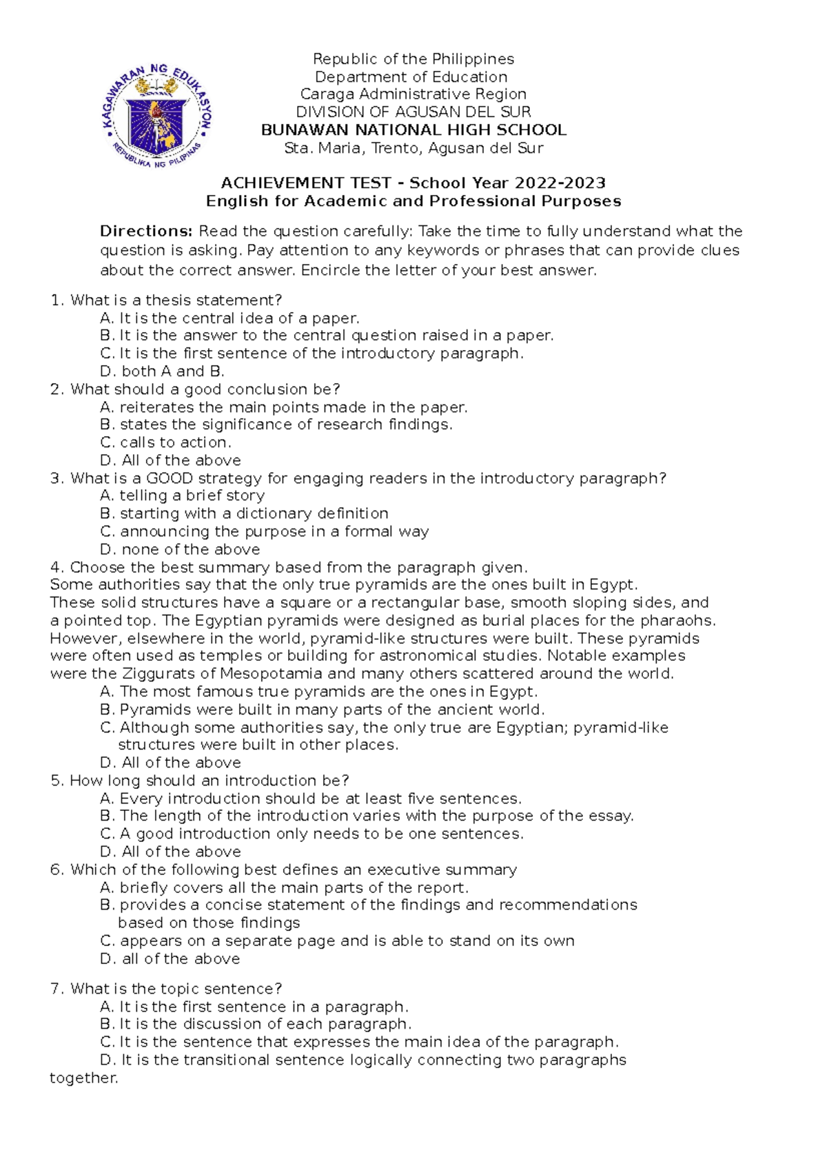 EAPP Achievement TEST - DAT - Republic of the Philippines Department of ...