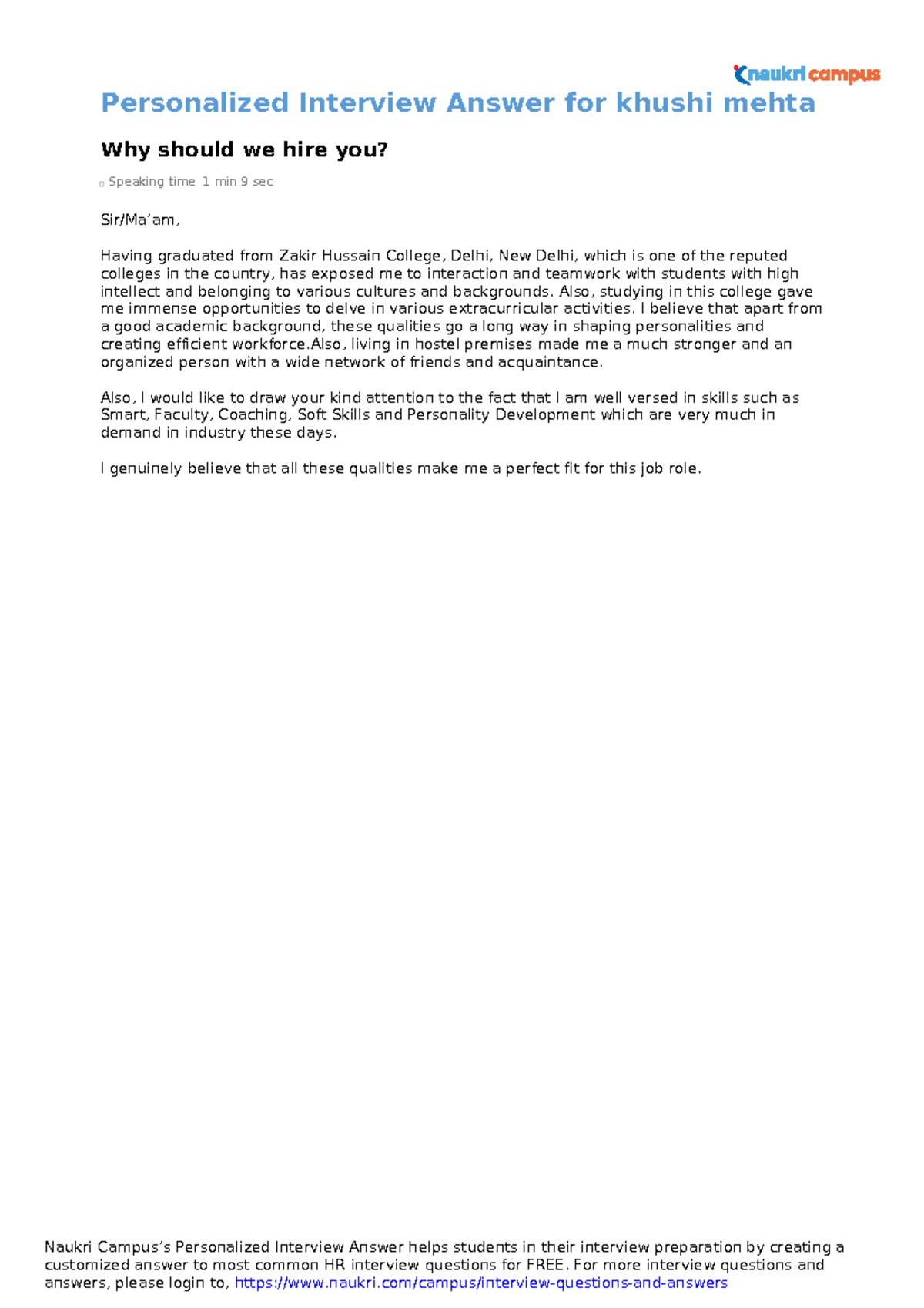 Khushi mehta Why should we hire you - Personalized Interview Answer for ...