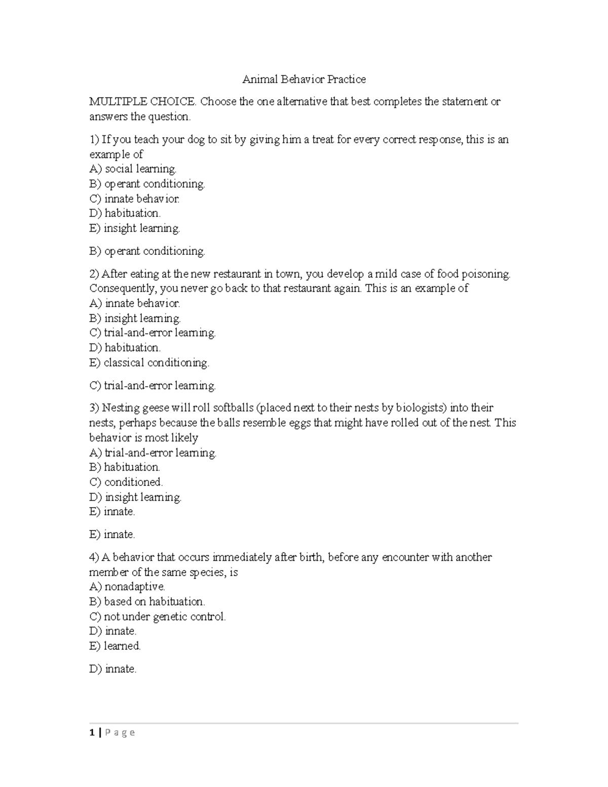 Animal Behavior Practice - Animal Behavior Practice MULTIPLE CHOICE ...