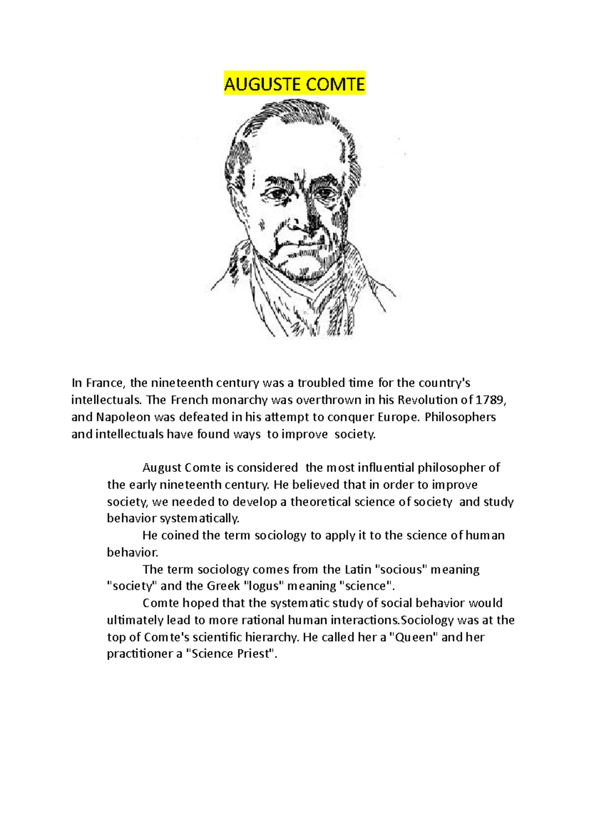 Important theories of August Comte - AUGUSTE COMTE In France, the ...
