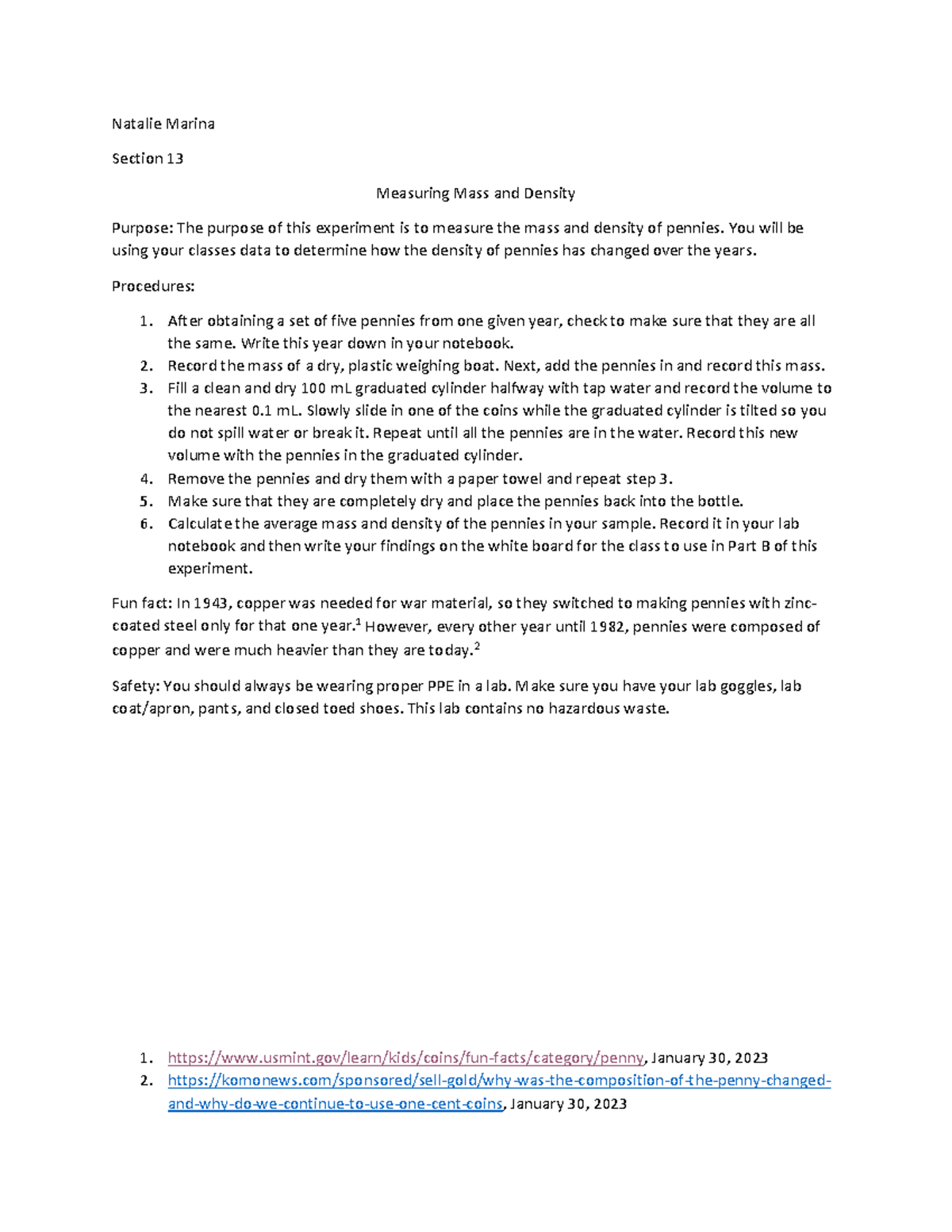 Marina N Massand Density Lab - Natalie Marina Section 13 Measuring Mass ...