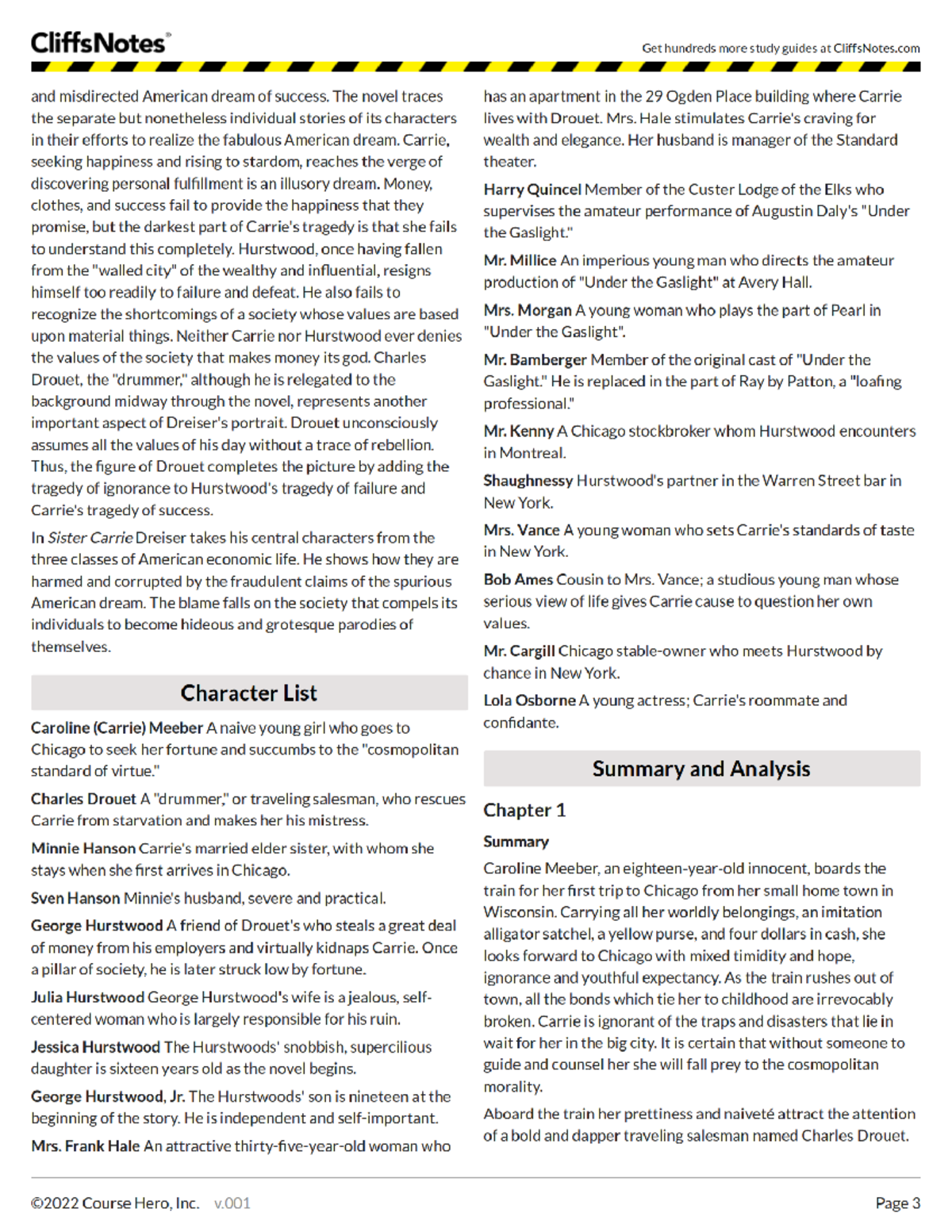 Cliffs Notes on Sister Carrie 3 - Biology 101 - Studocu