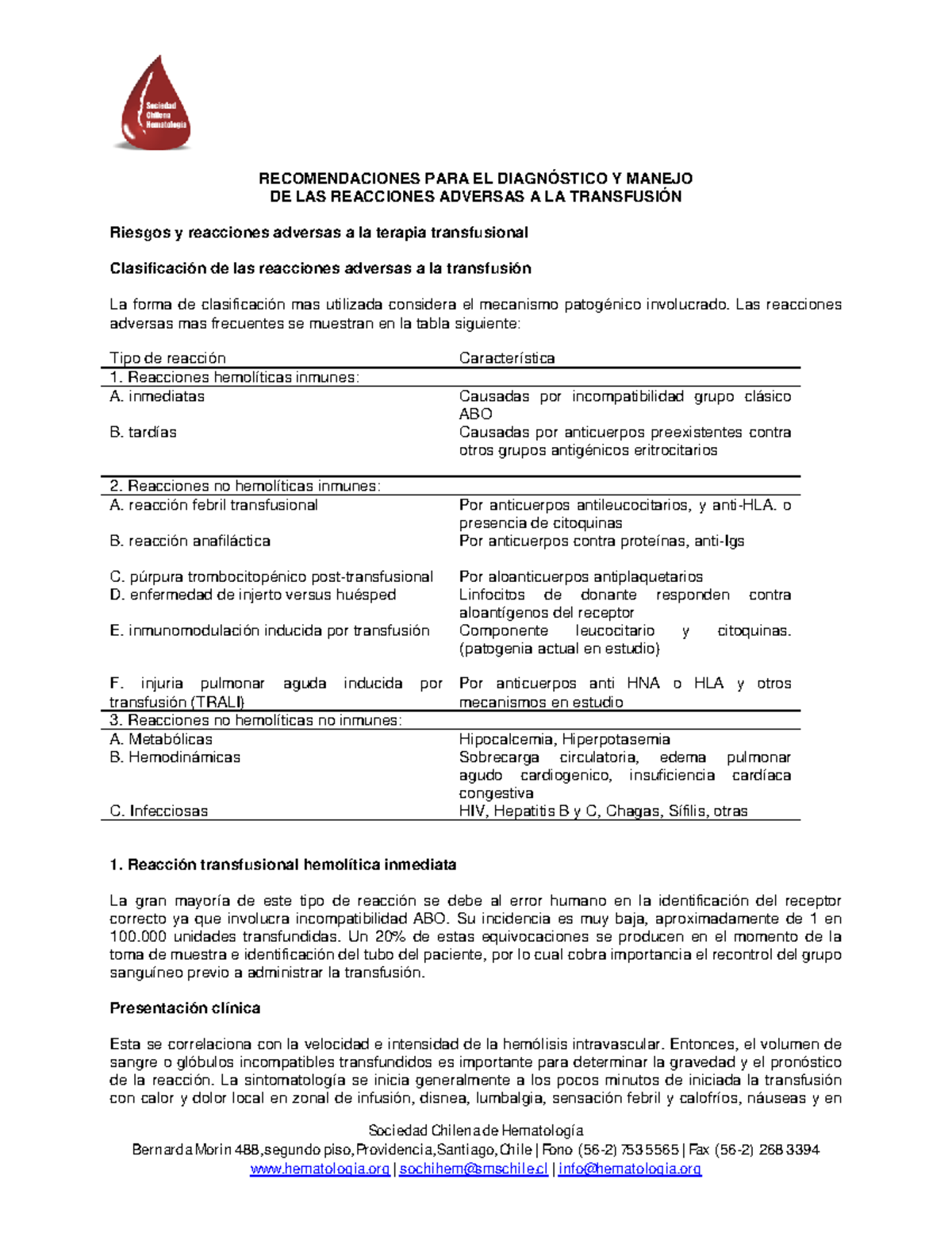 Reacciones adversas a la transfusión Sociedad Chilena de Hematología - Sociedad Chilena de - Studocu