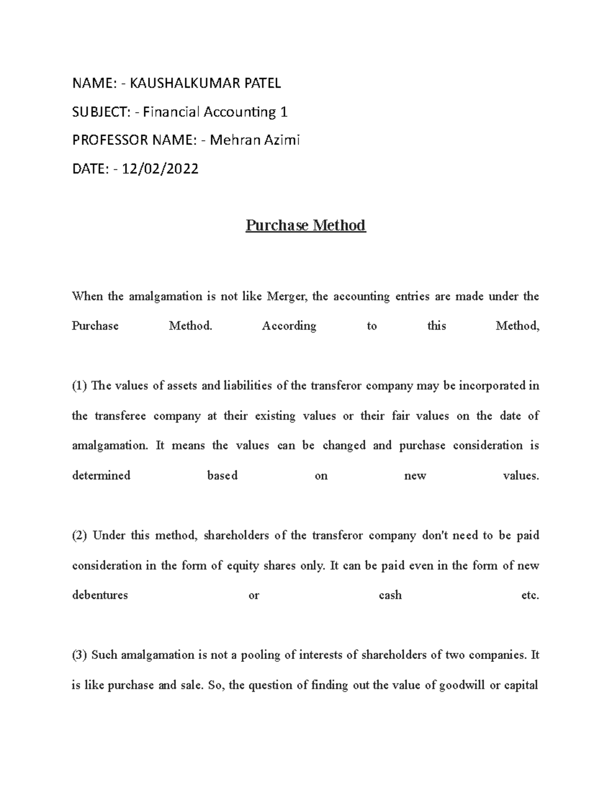 Purchase Method - NAME: - KAUSHALKUMAR PATEL SUBJECT: - Financial ...