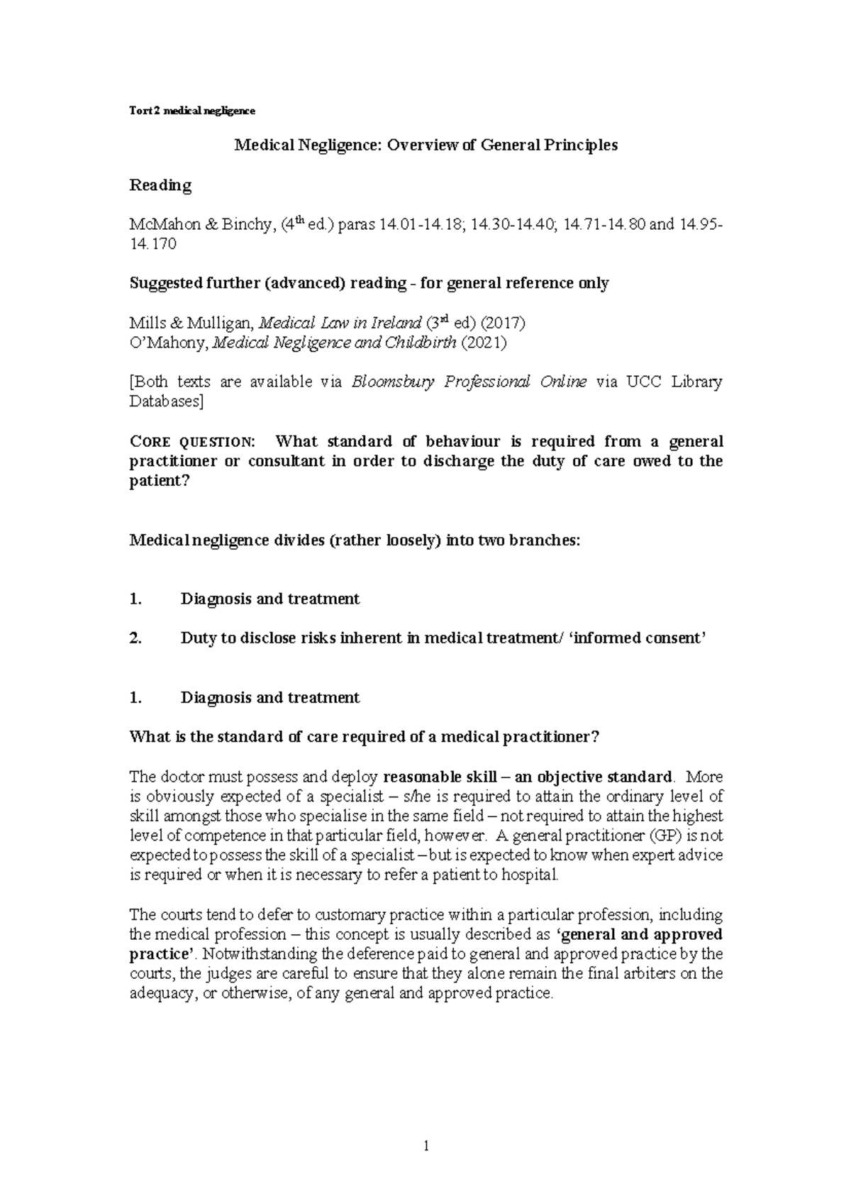 Class Material- Medical Negligence - Tort 2 medical negligence Medical ...