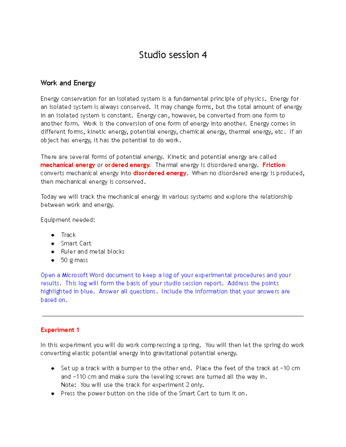 Studio session 4 - lab 4 - Studio session 4 Work and Energy Energy ...