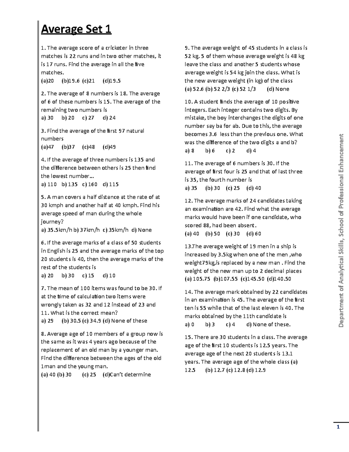 Average Set 1 - Practice questions - Average Set 1 The average score of ...