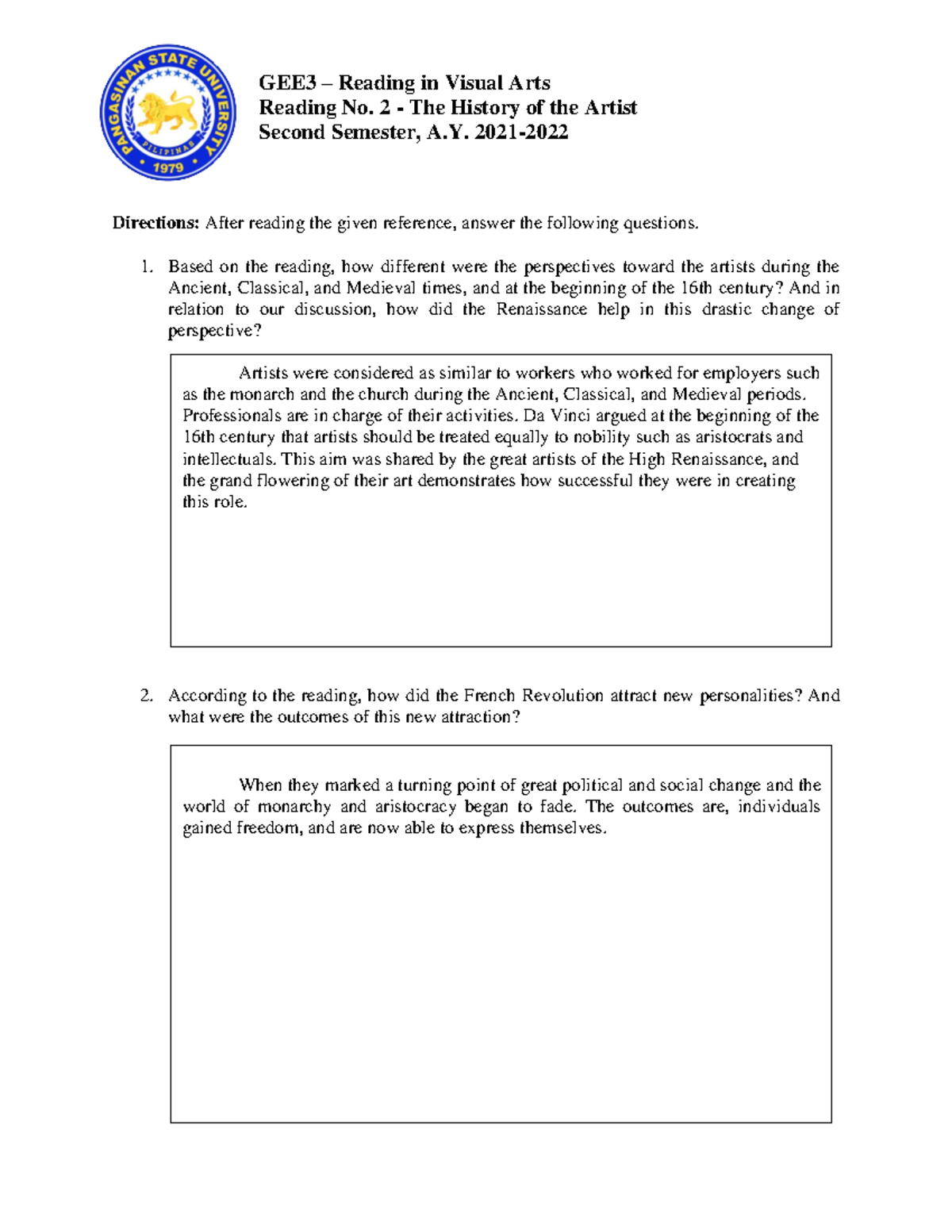 Reading NO. 2 - THE History OF THE Artist - Directions: After reading ...