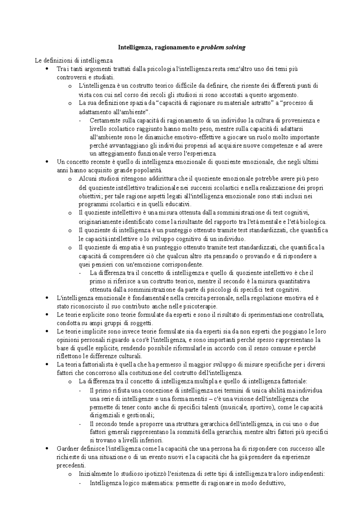 1. Intelligenza, ragionamento e problem solving - o L'intelligenza è un costrutto teorico ...