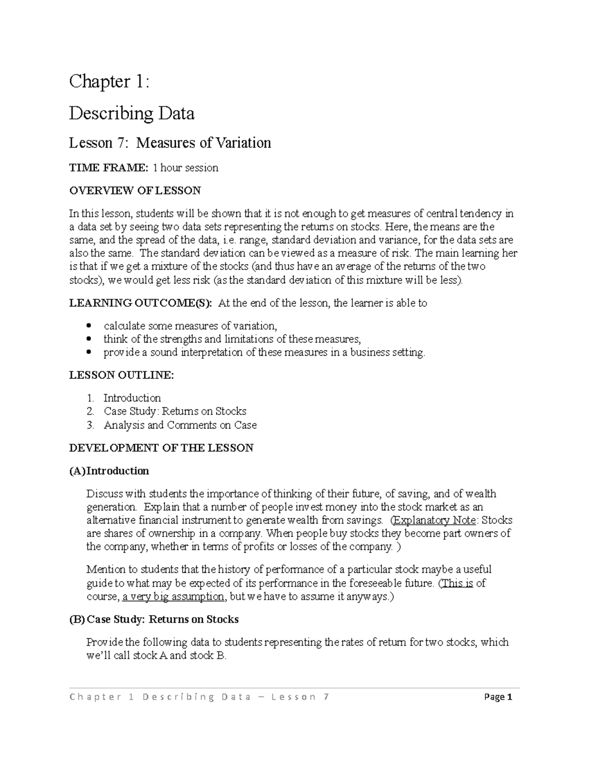 Lesson 1-07 Measures of Variation - Chapter 1: Describing Data Lesson 7 ...