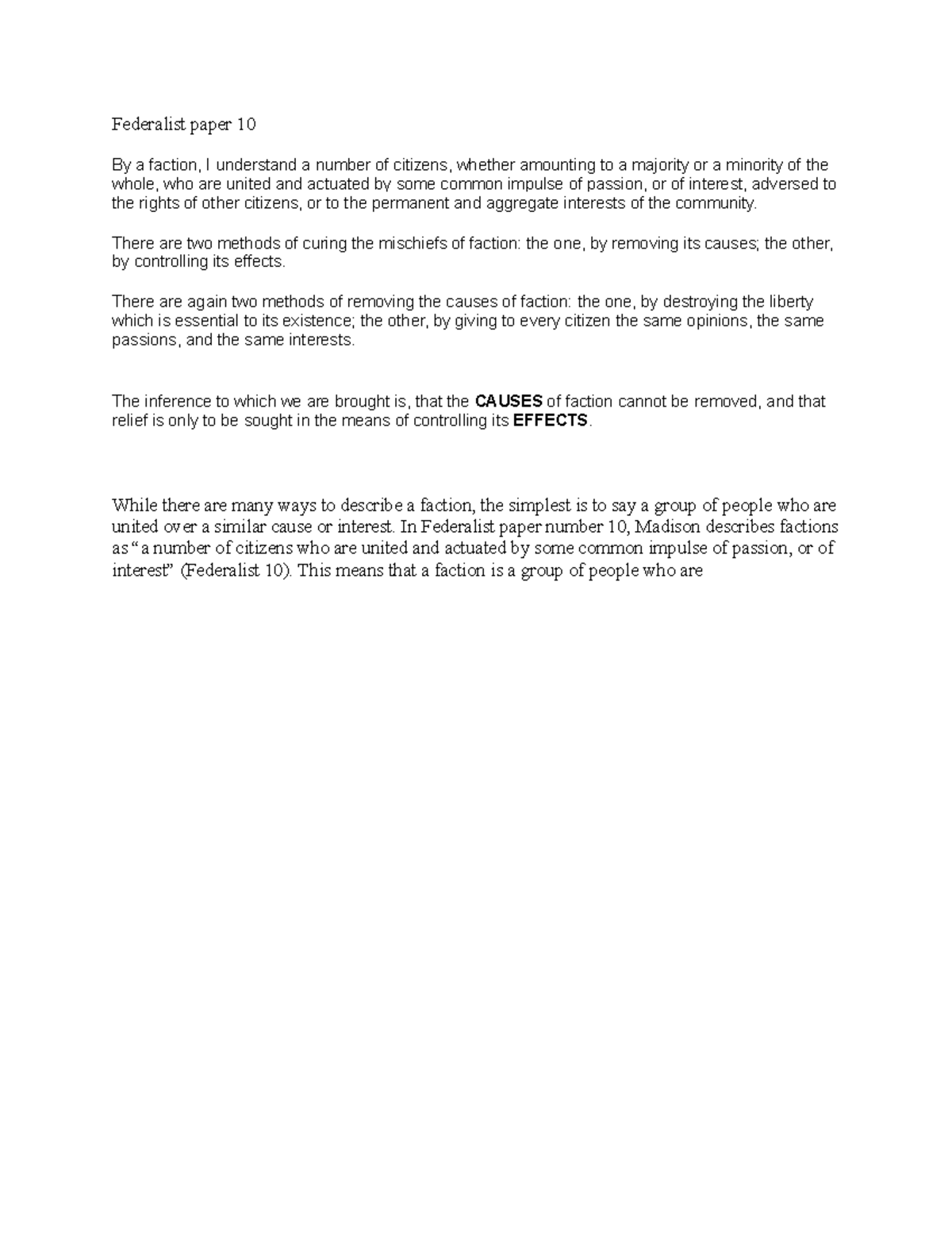 Poli disc 1 - First week's discussion post - Federalist paper 10 By a ...