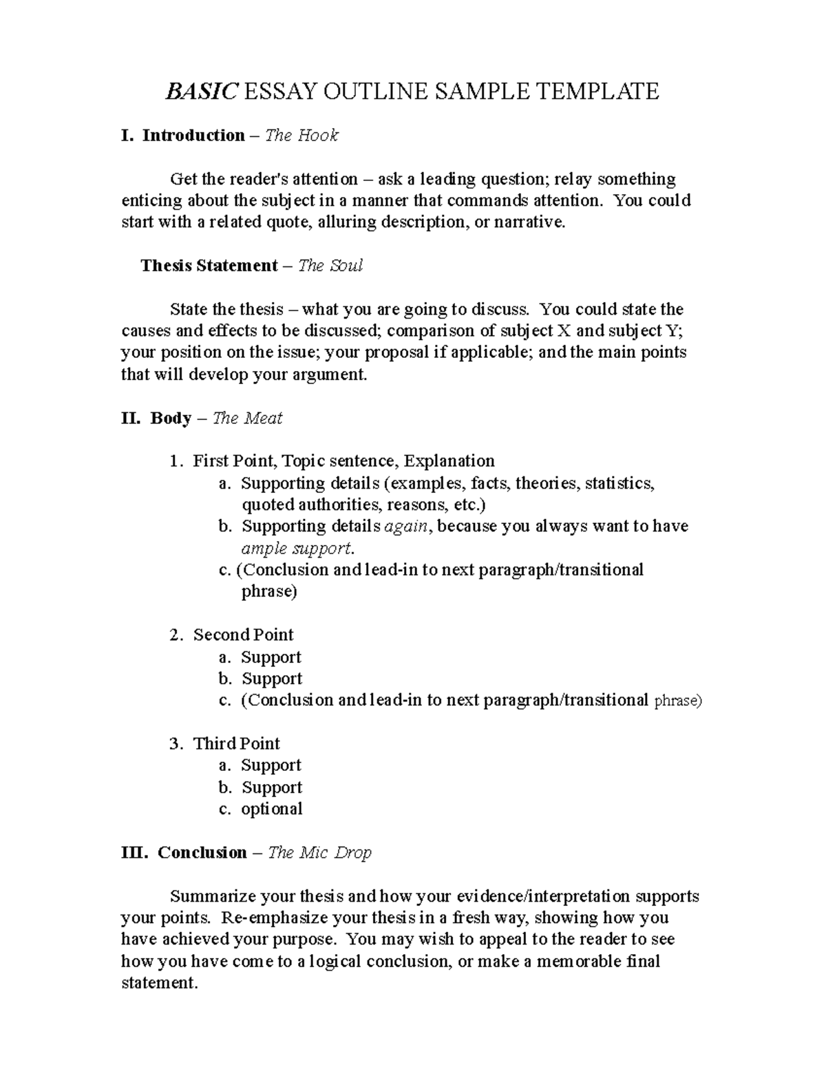 Essay Outline - Basic 1 - BASIC ESSAY OUTLINE SAMPLE TEMPLATE I ...
