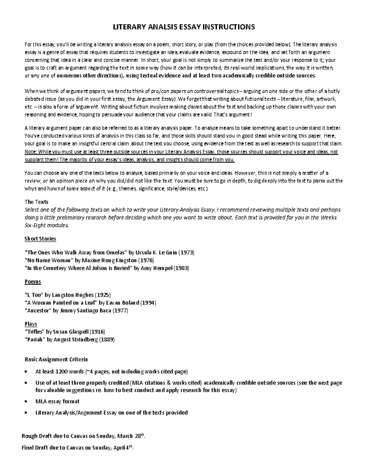 Literary Analysis Essay Instructions (Spring 2021) - LITERARY ANALSIS ...