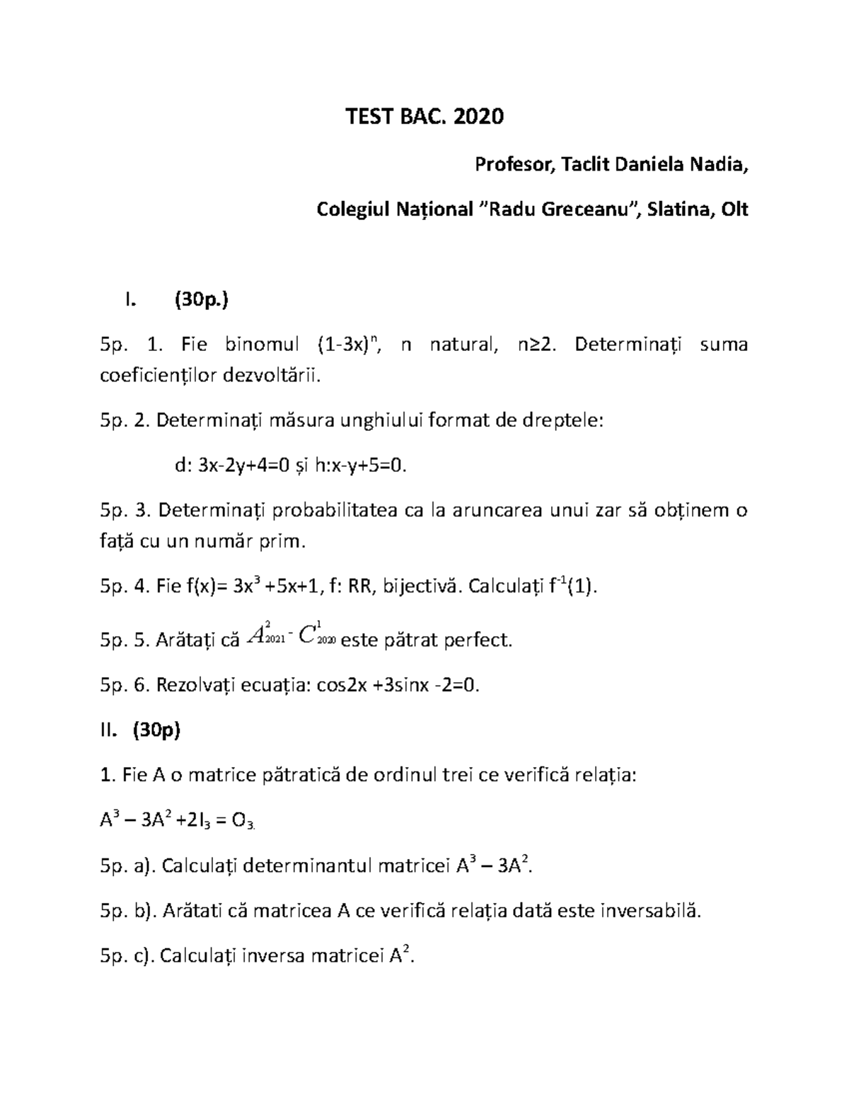 Mate.Info.Ro.4859 TEST BAC. 2020 - TEST BAC. 2020 Profesor, Taclit ...