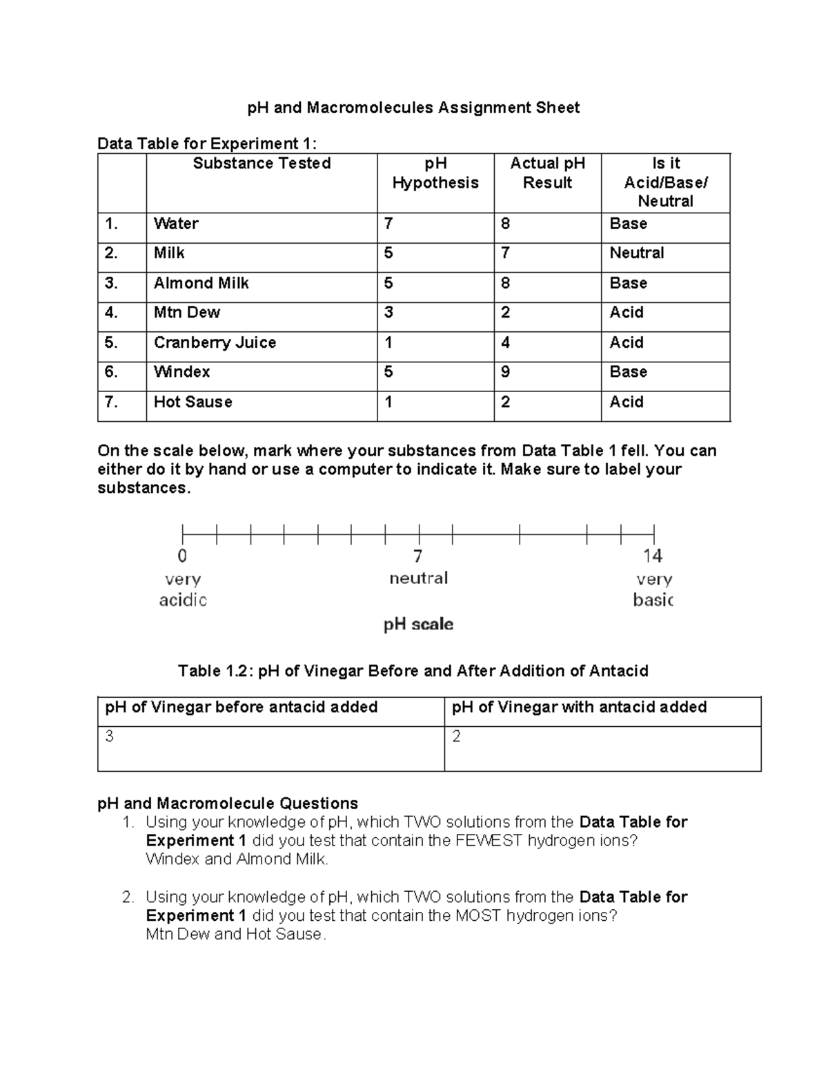 P H and Macromolecule Assignment Sheet - pH and Macromolecules ...