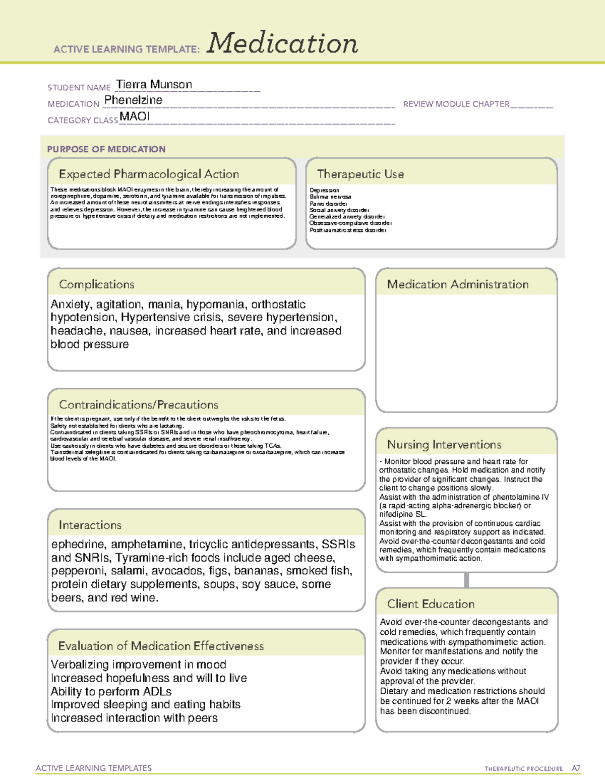 Phenelzine - Medication Card for Nursing Students - ACTIVE LEARNING ...