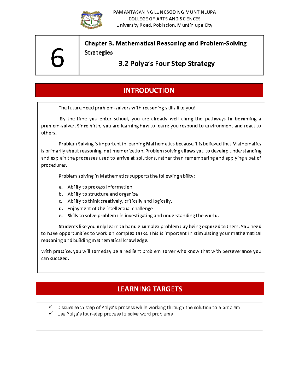 Copy of Module 6 - polya's four step strategy - COLLEGE OF ARTS AND ...