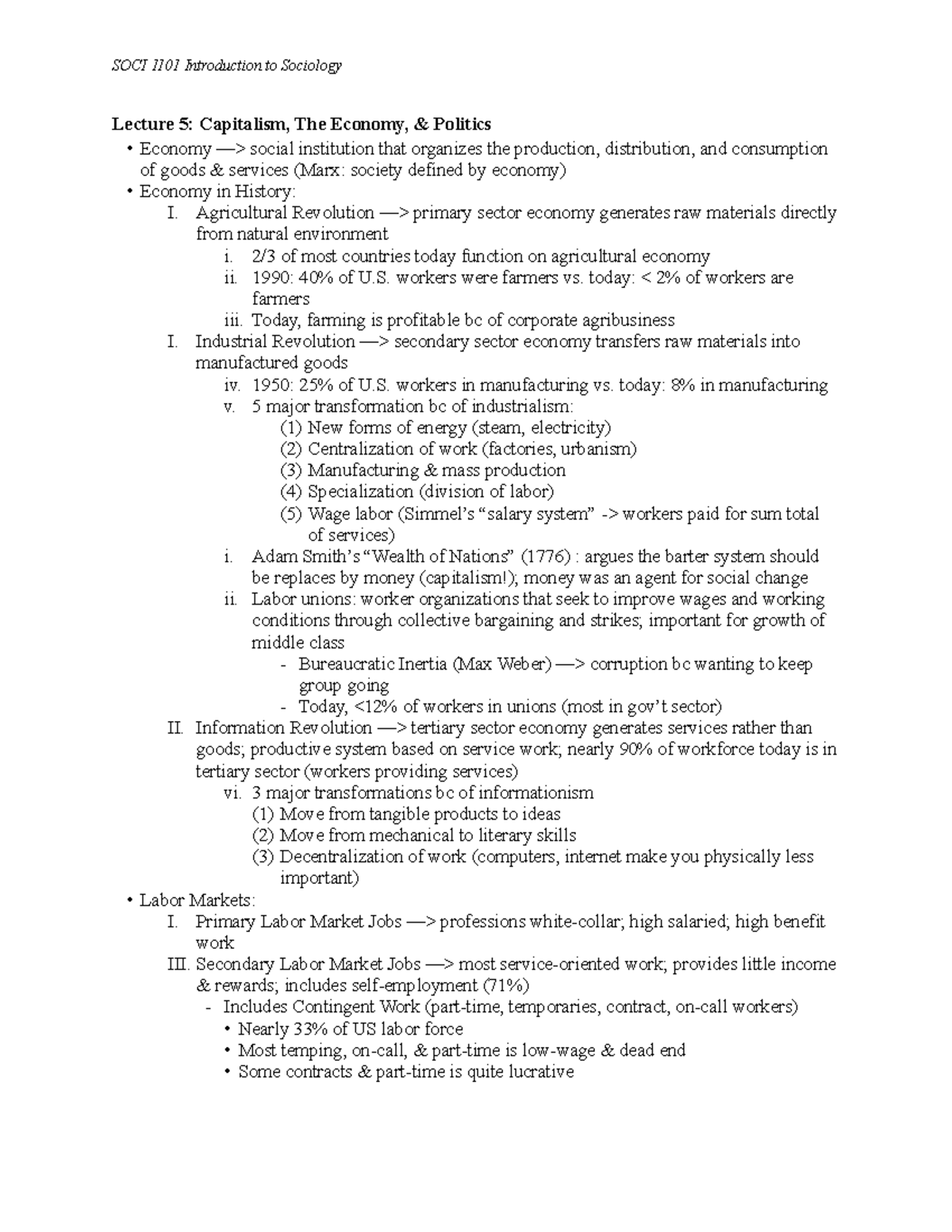 SOCI 1101 Intro to Sociology Lecture 5 - Lecture 5: Capitalism, The ...