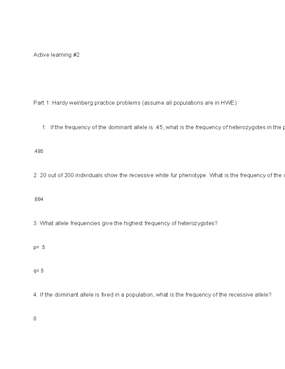Active learning #2 - Active learning Part 1: Hardy weinberg practice problems (assume all - Studocu