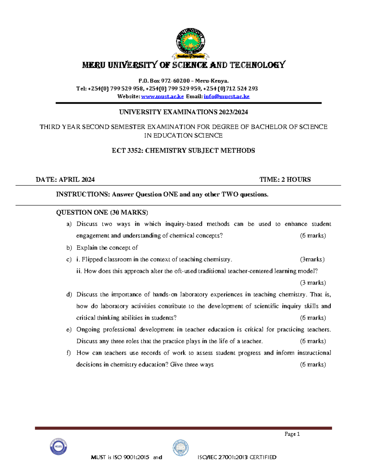 ECT 3352 Chemistry Subject Methods - Page 1 MUST is ISO 9001:2015MUST ...