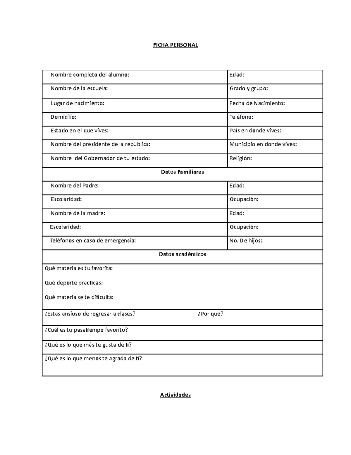 Ficha Personal - FICHA PERSONAL Nombre completo del alumno: Edad ...