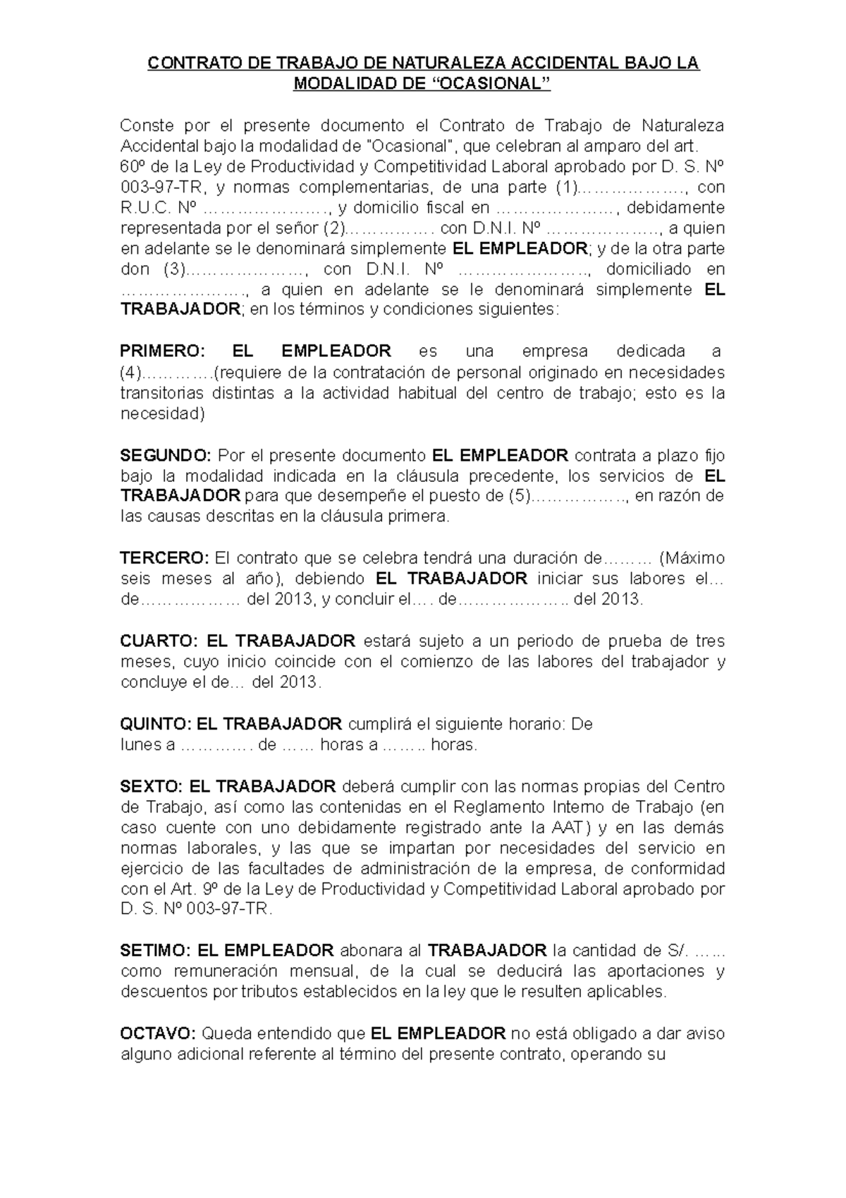 Contrato- Accidental- Ocasional - CONTRATO DE TRABAJO DE NATURALEZA ACCIDENTAL BAJO LA MODALIDAD ...