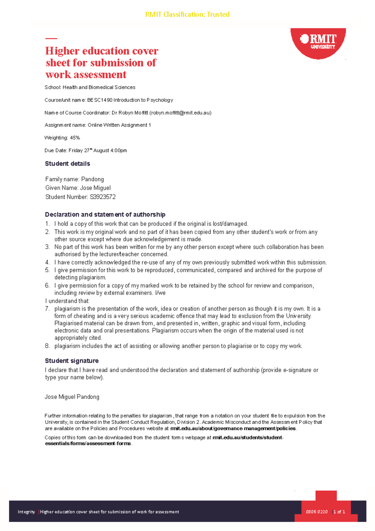 Online Written Assignment 1 - — Higher education cover sheet for ...