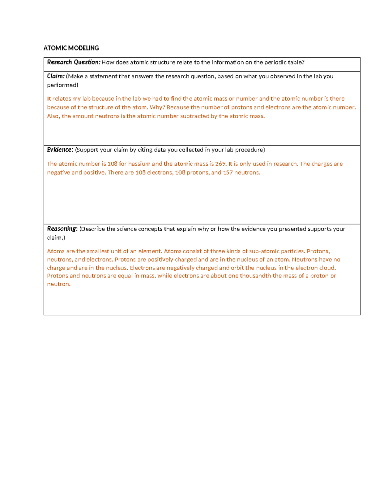 Claim Evidence Reasoning Atomic Modeling - ATOMIC MODELING Research ...