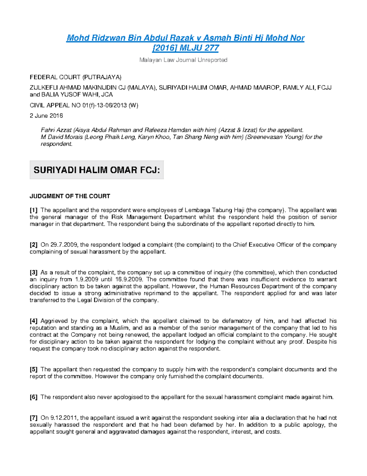 Mohd Ridzwan Bin Abdul Razak v Asmah Binti Hj Mohd Nor - M David Morais ...