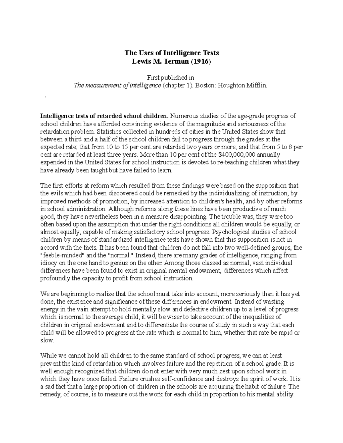 Terman - The Uses of Intelligence Tests Lewis M. Terman (1916) First ...