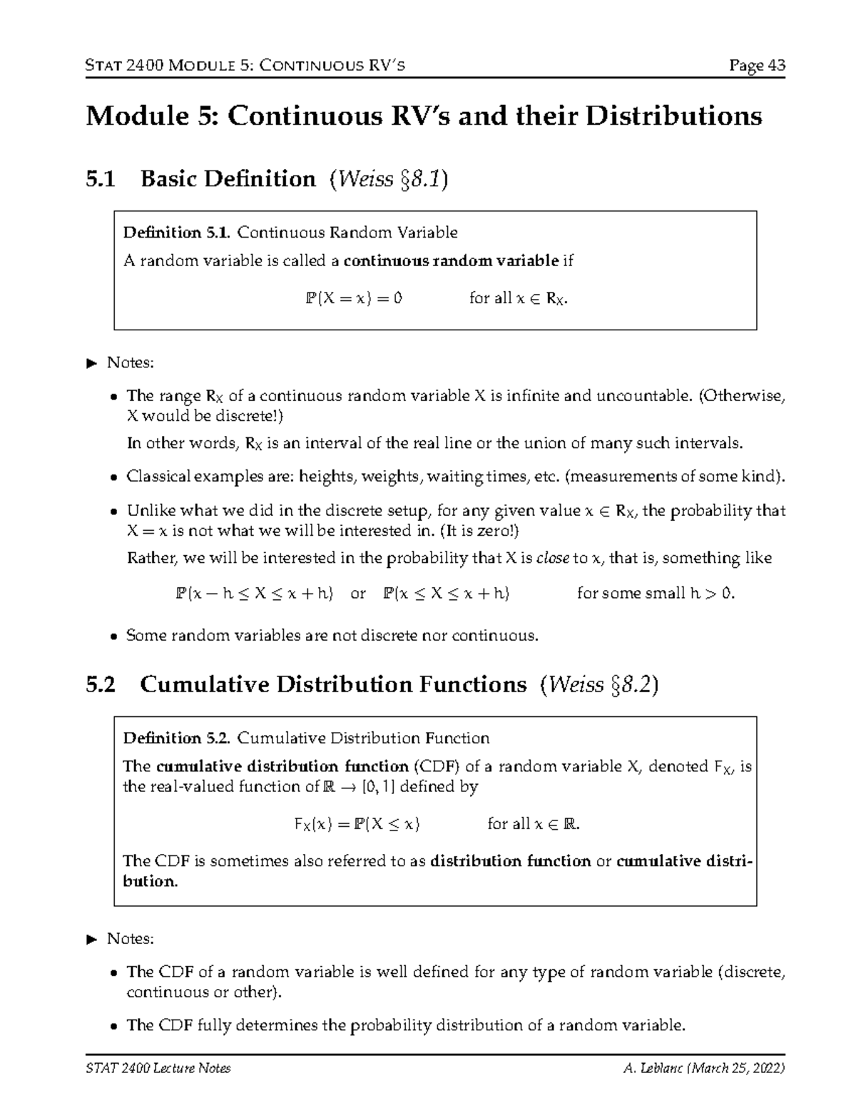 Module 5 2400 w22 - Continious Random Variables and their Distributions ...