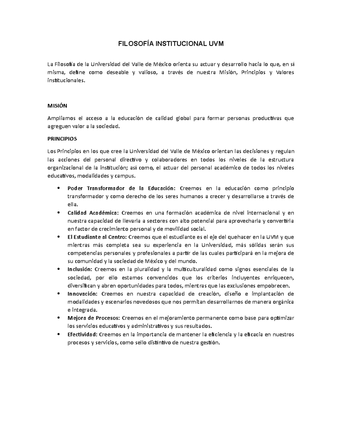 Filosofía Institucional UVM - FILOSOFÍA INSTITUCIONAL UVM La Filosofía ...