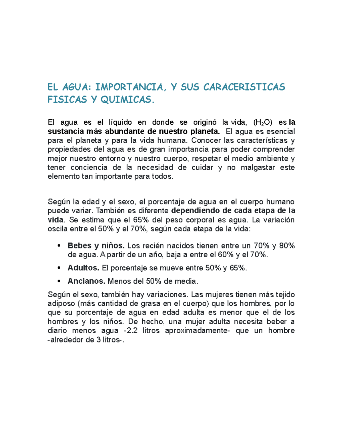 EL AGUA - EL AGUA: CONCEPTOS Y SU IMPORTANCIA EN EL ORGANISMO - EL AGUA ...