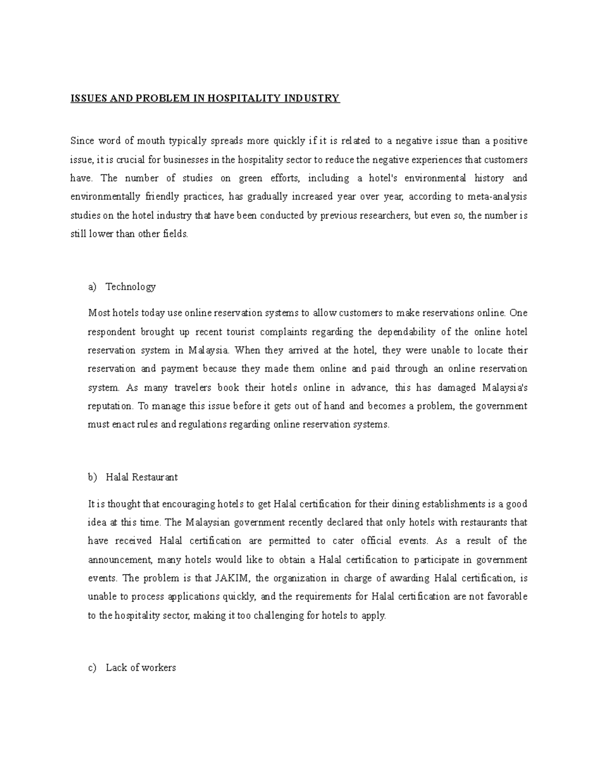 Issues AND Problem IN Hospitality Industry - ISSUES AND PROBLEM IN ...