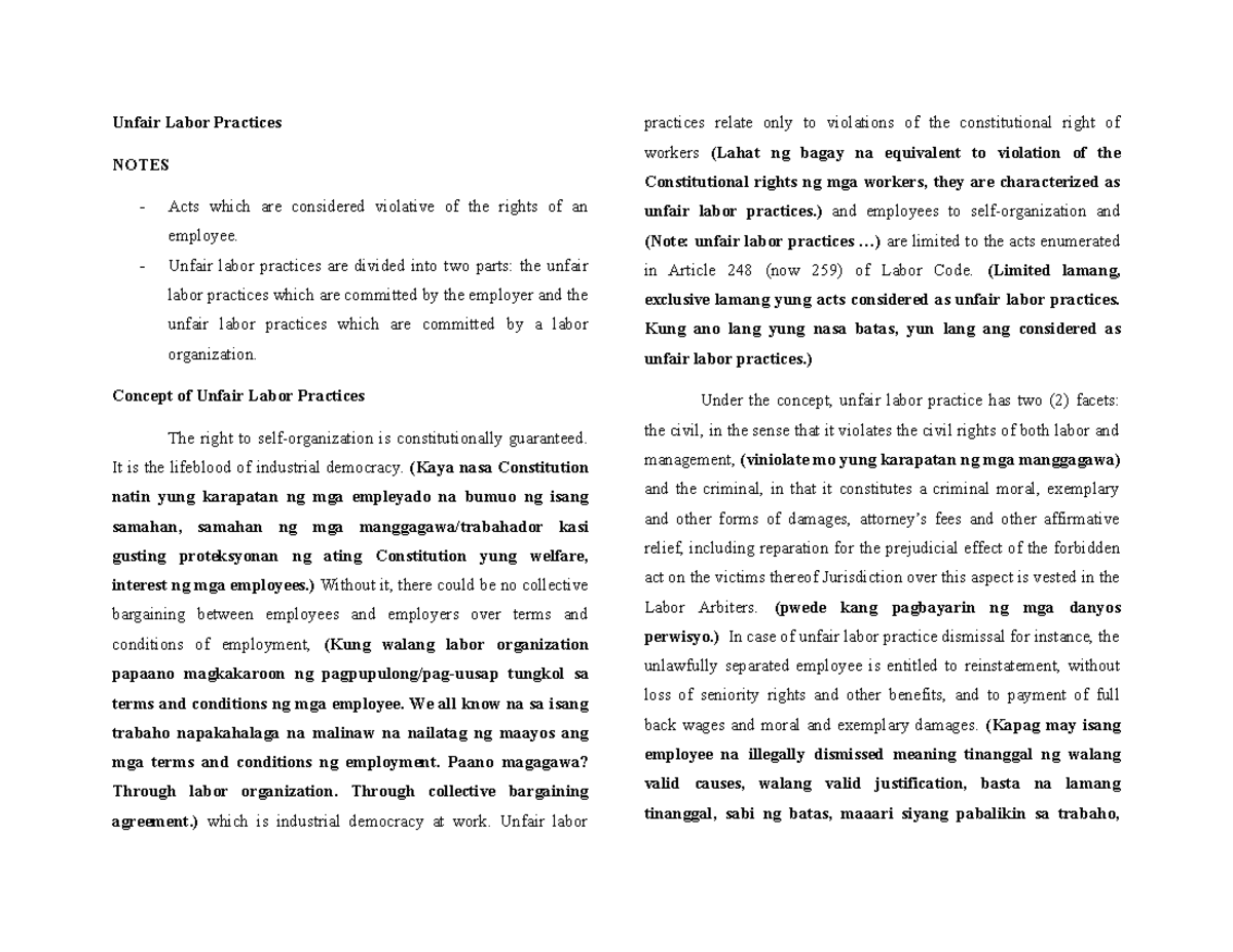 Lecture Notes Unfair Labor Practices - Unfair Labor Practices NOTES ...
