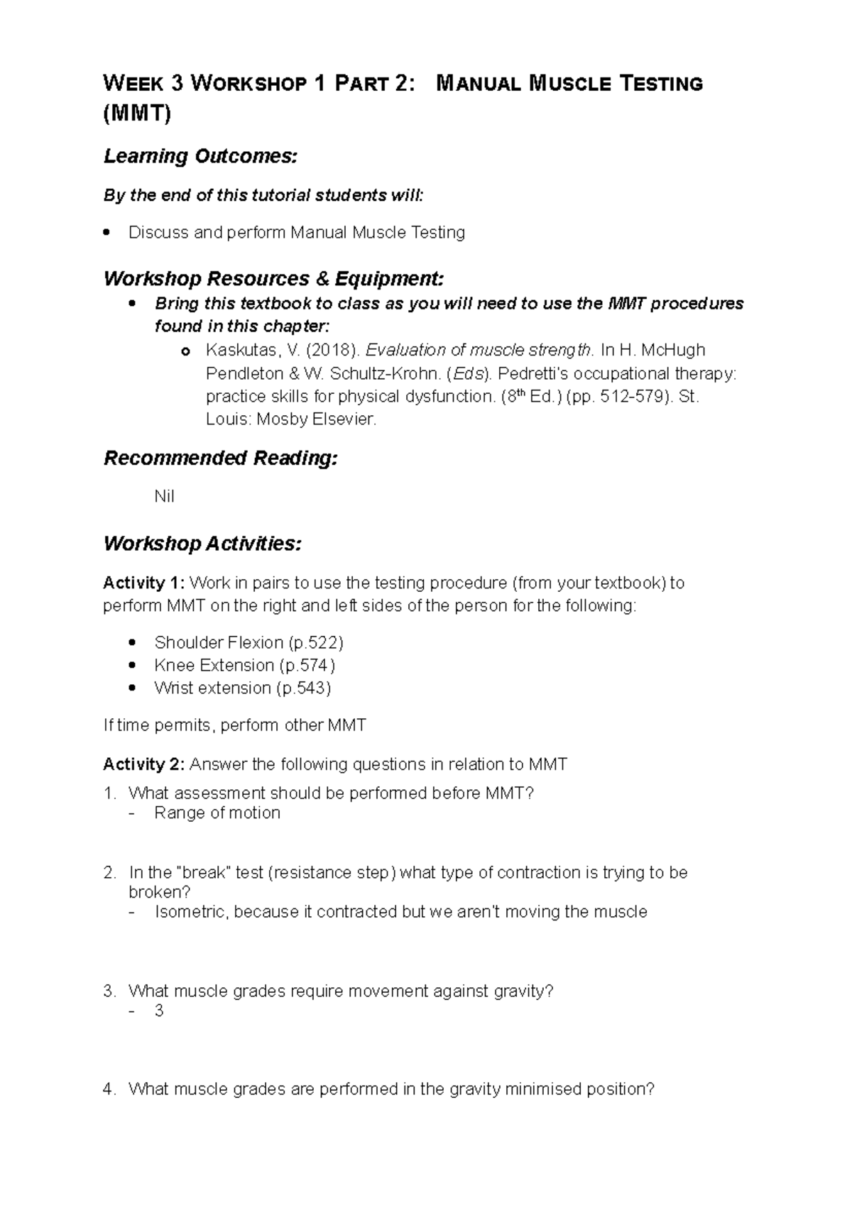 MMT Student Worksheet - Manual muscle testing - WEEK 3 WORKSHOP 1 PART ...