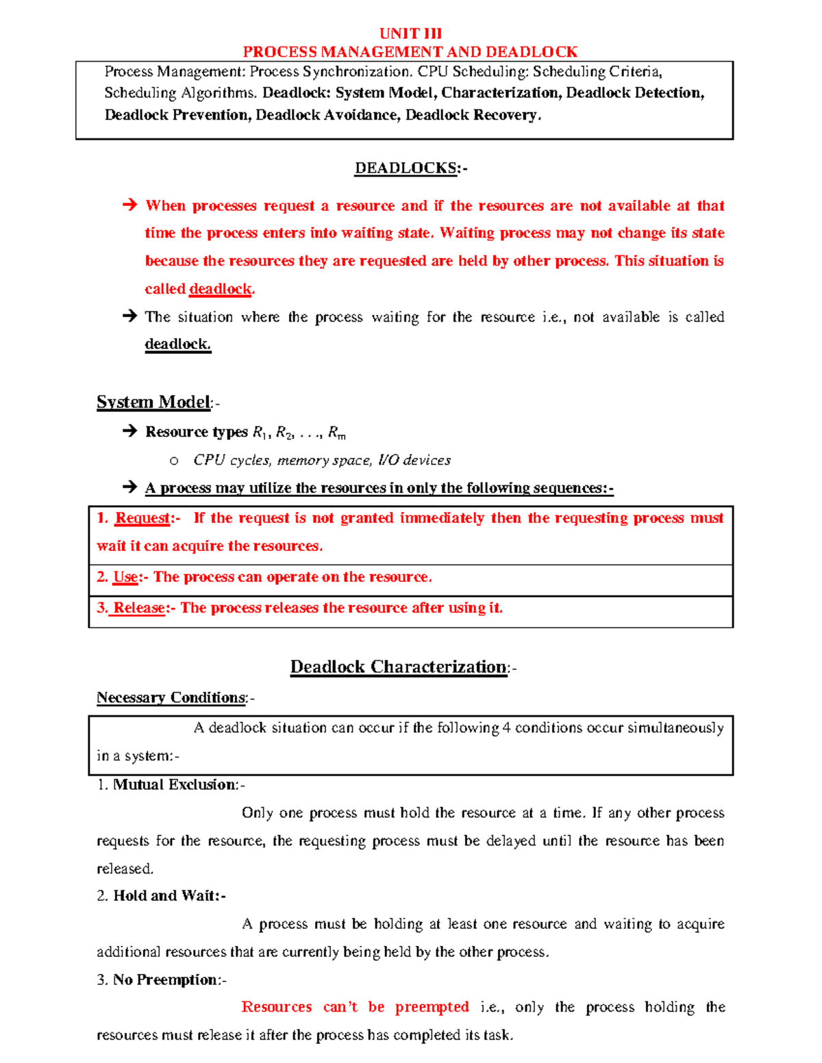 UNIT-3 OS deadlock - good - UNIT III PROCESS MANAGEMENT AND DEADLOCK ...