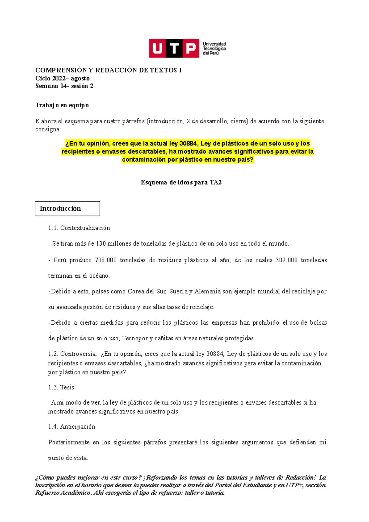 S14.s2-Esquema para PC2 (material) 2022 agosto - COMPRENSIÓN Y REDACCIÓN DE TEXTOS I Ciclo 2022 ...