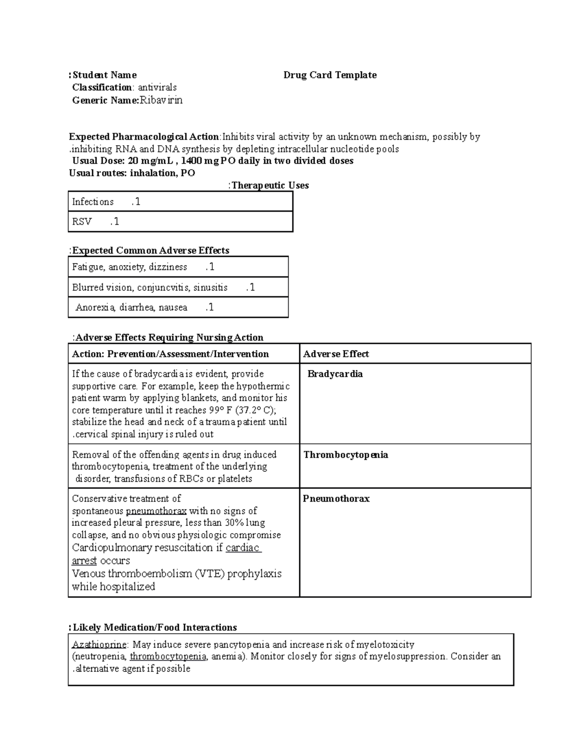 Ribavirin - MED TEMPLATE - :Student Name Drug Card Template ...