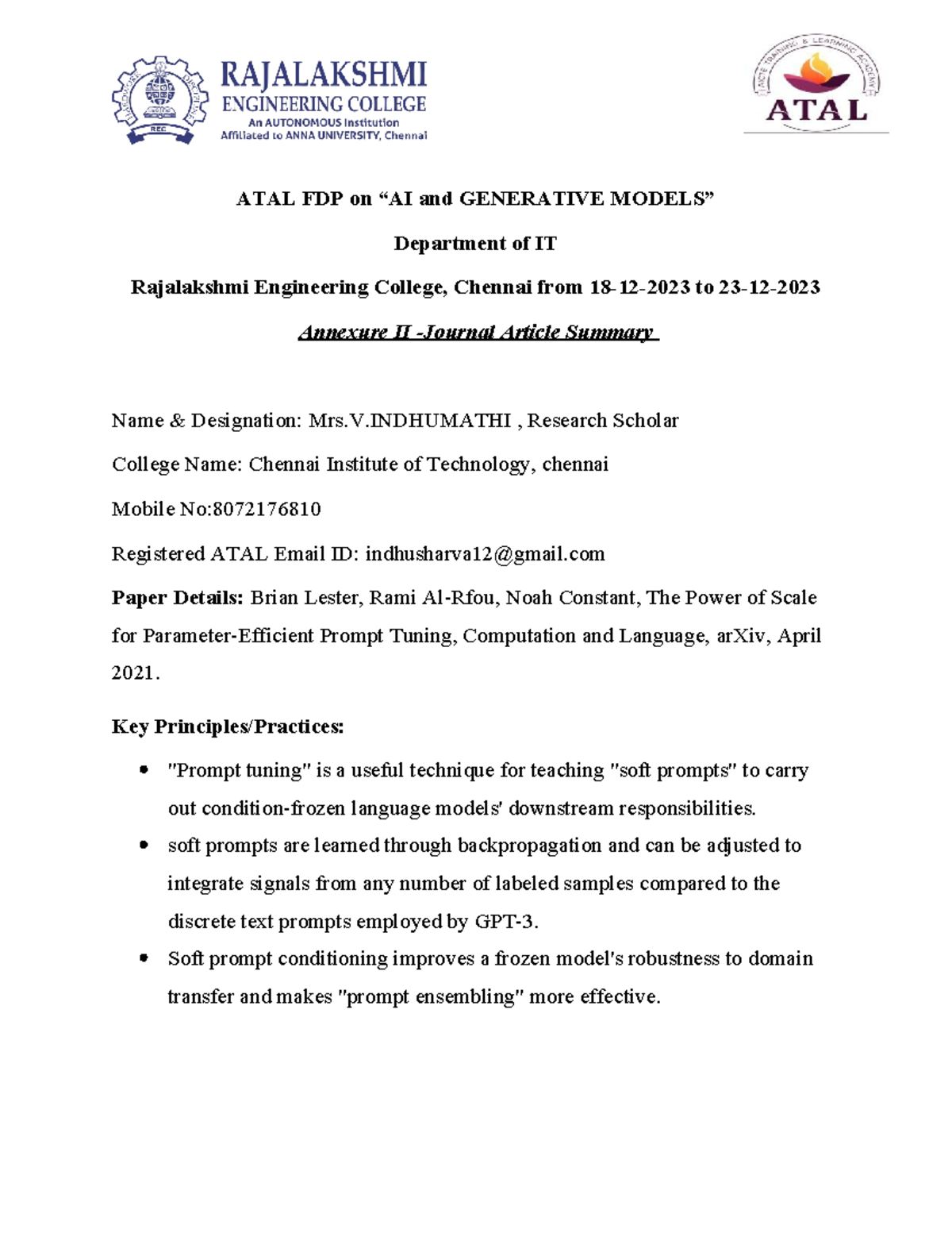 V. Indhumathi -Annexure II- Journal Artricle summary Format-1 - ATAL FDP on “AI and GENERATIVE ...