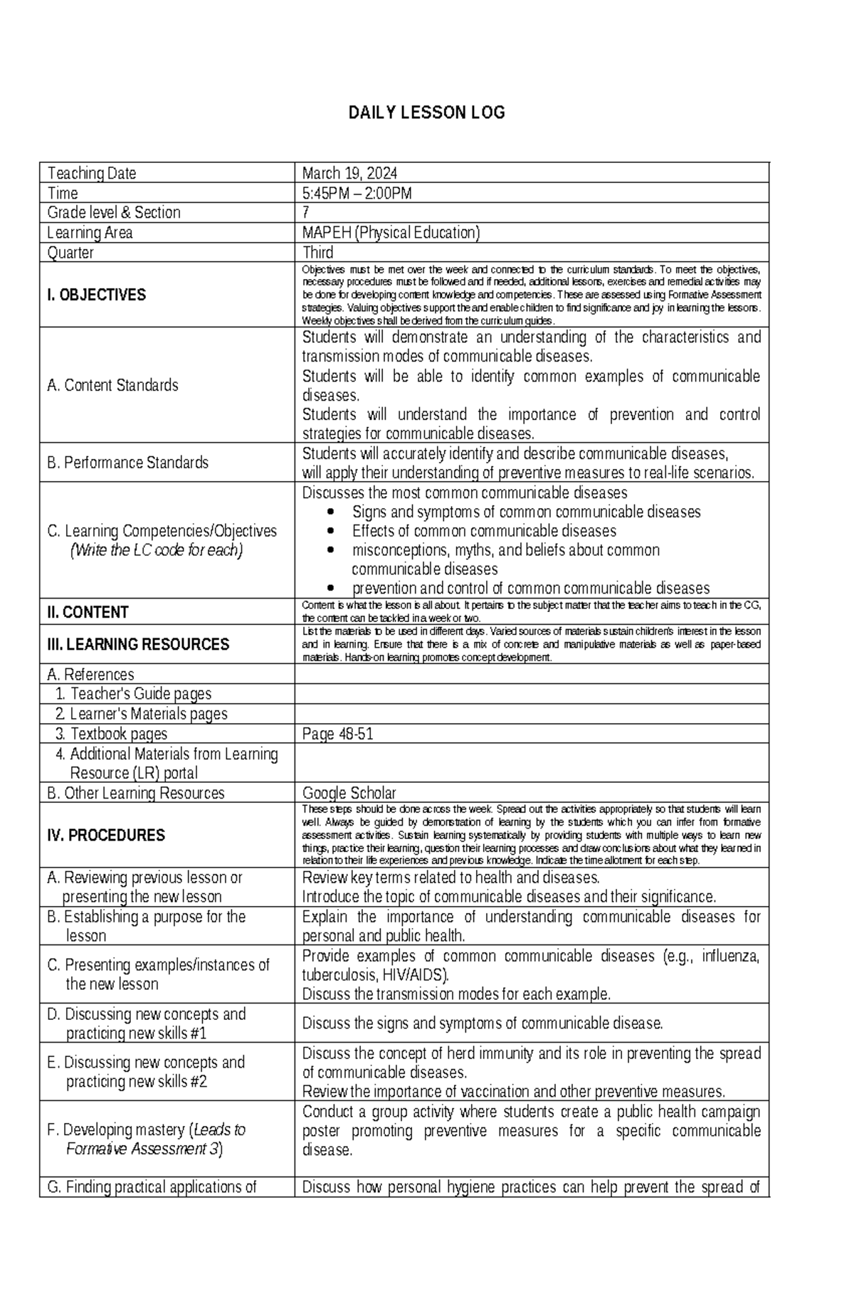 Daily Lesson LOG DAY 1 - DAILY LESSON LOG Teaching Date March 19, 2024 ...