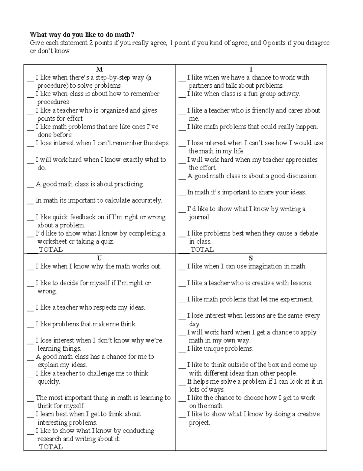 38530677 Math Learning Inventory Adapted - What way do you like to do ...