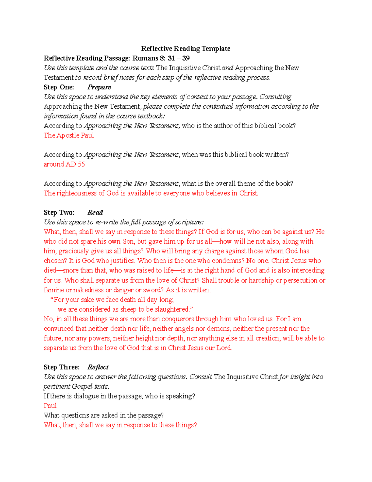 Reflective Reading Romans - BIBL 110 - Reflective Reading Template ...